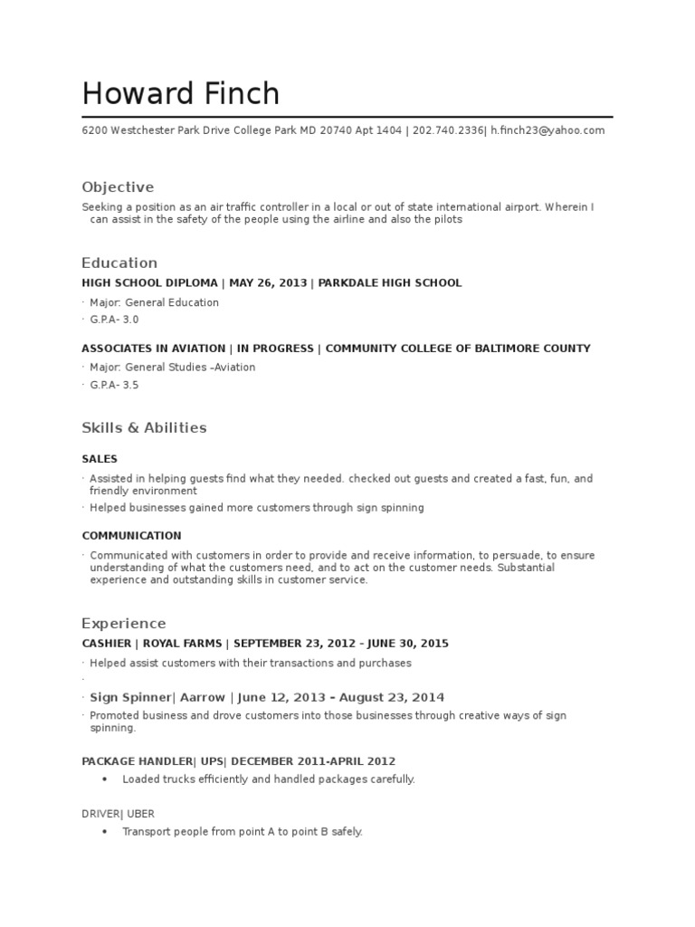 Air Traffic Controller Resume of Howard Finch | PDF | Career & Growth ...