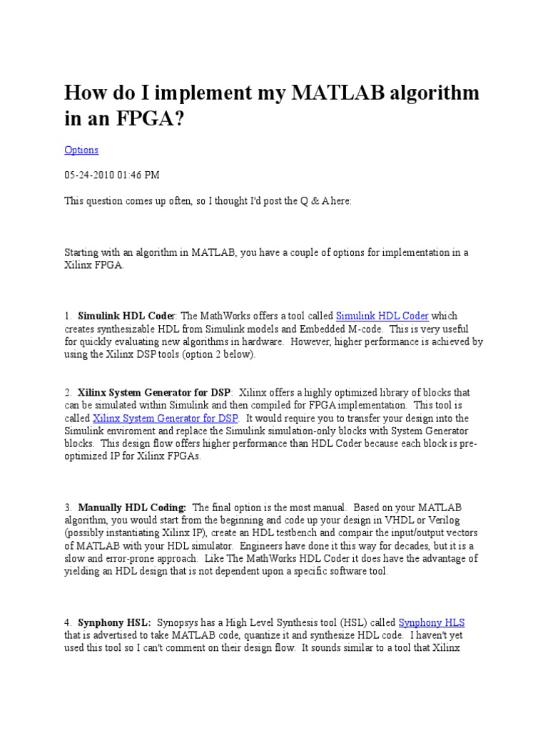 Implementing MATLAB Algorithms in FPGA | PDF