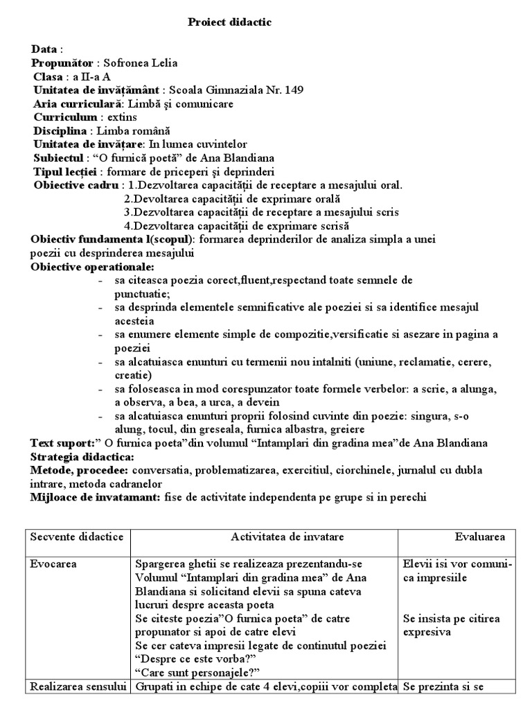 Proiect Didactic - Limba Romana | PDF