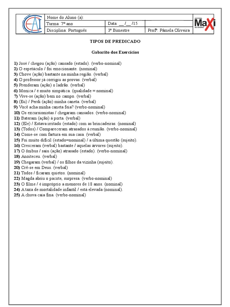 Atividade Tipos de Predicado | PDF