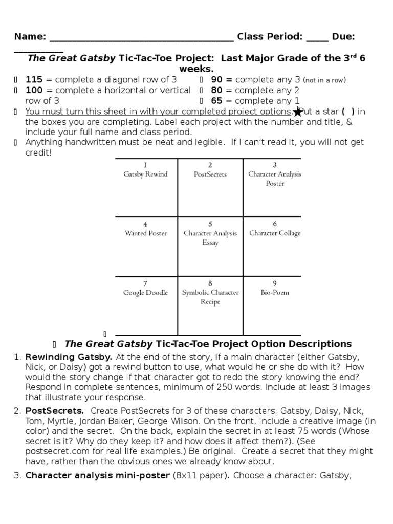 Gatsby Tic Tac Toe Project | PDF | The Great Gatsby | Poetry