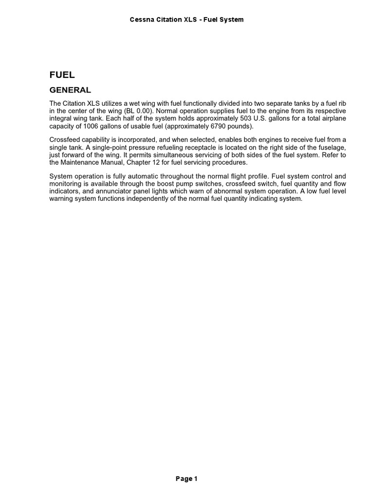 Cessna Citation XLS Fuel System Overview | PDF | Valve | Aerial Refueling