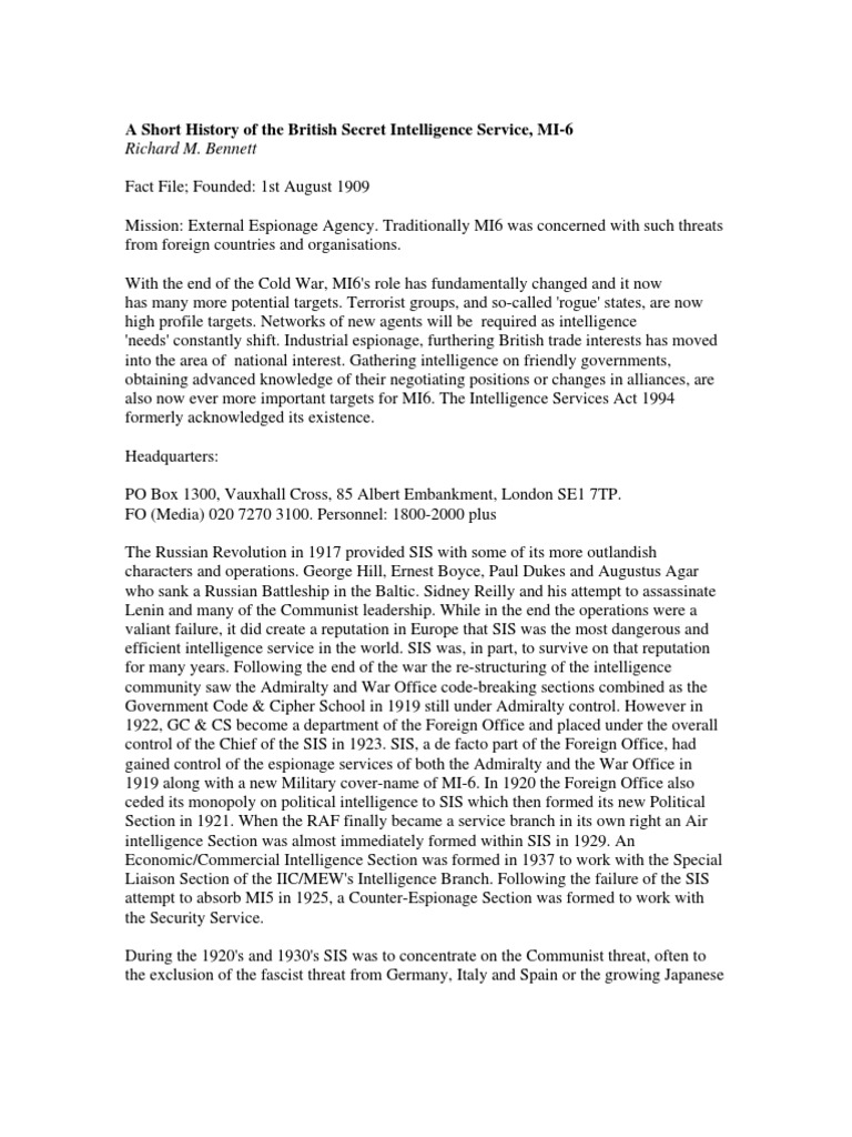 A Short History of The British Secret Intelligence Service | PDF ...