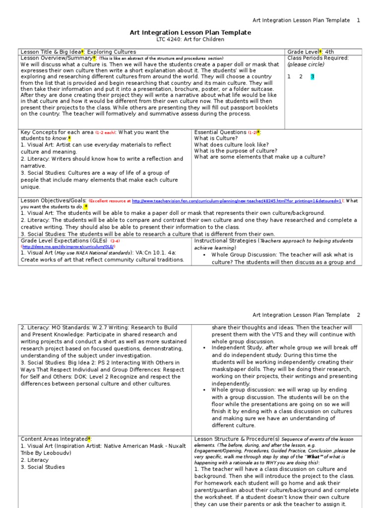 Art Integration Lesson Plan: Cultures | PDF | Lesson Plan | Educational ...