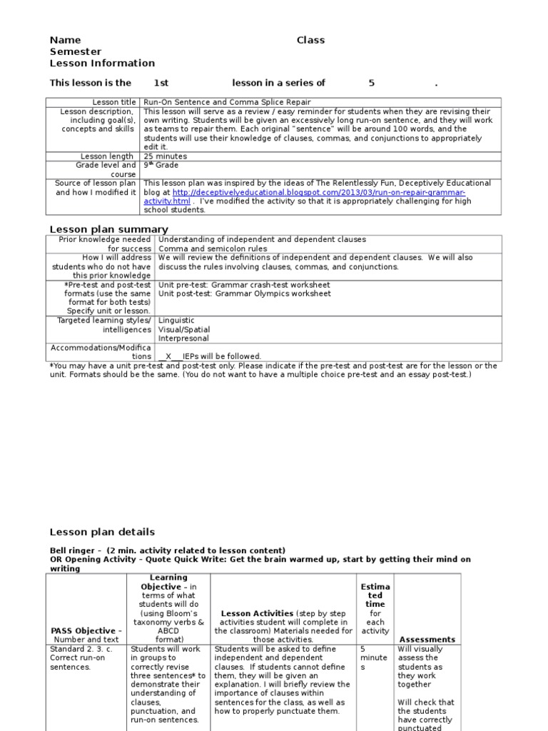 Run-On Sentence Repair Lesson Plan | PDF | Comma | Lesson Plan