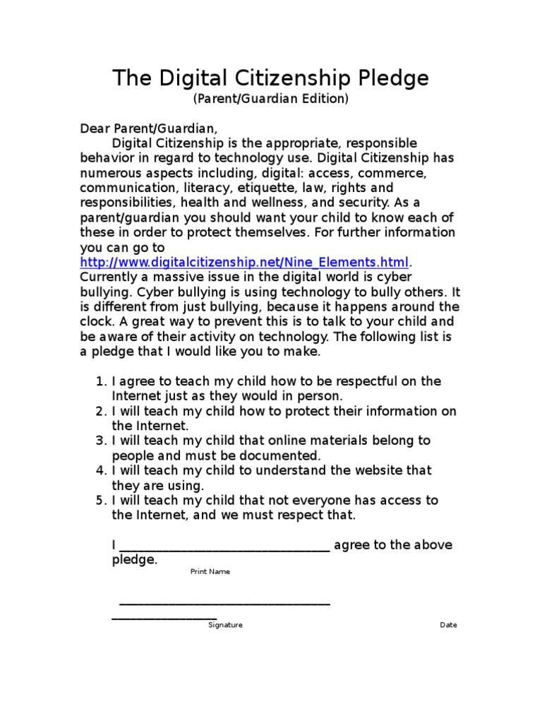 The Digital Citizenship Pledge Parent 4 | PDF | Social Science | Computers