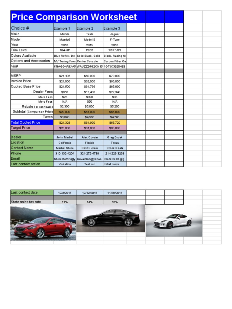 Price Comparison Worksheet for Vehicles | PDF