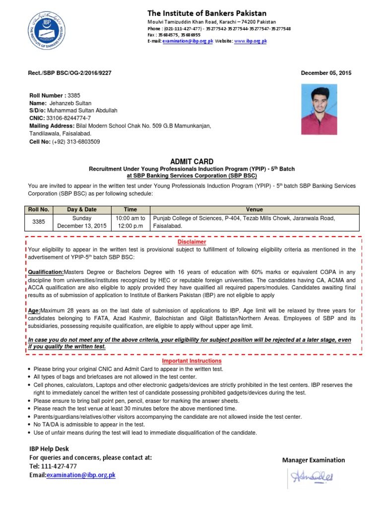 SBP BSC Admit Card (YPIP-5th Batch) | PDF | Bachelor Of Science ...