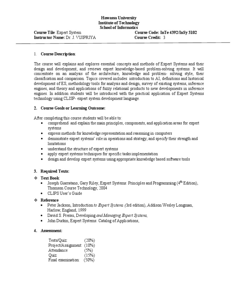 Dr. J. VijiPriya Expert System Lecture Notes Chapter 1,2,3,4&5 PDF ...