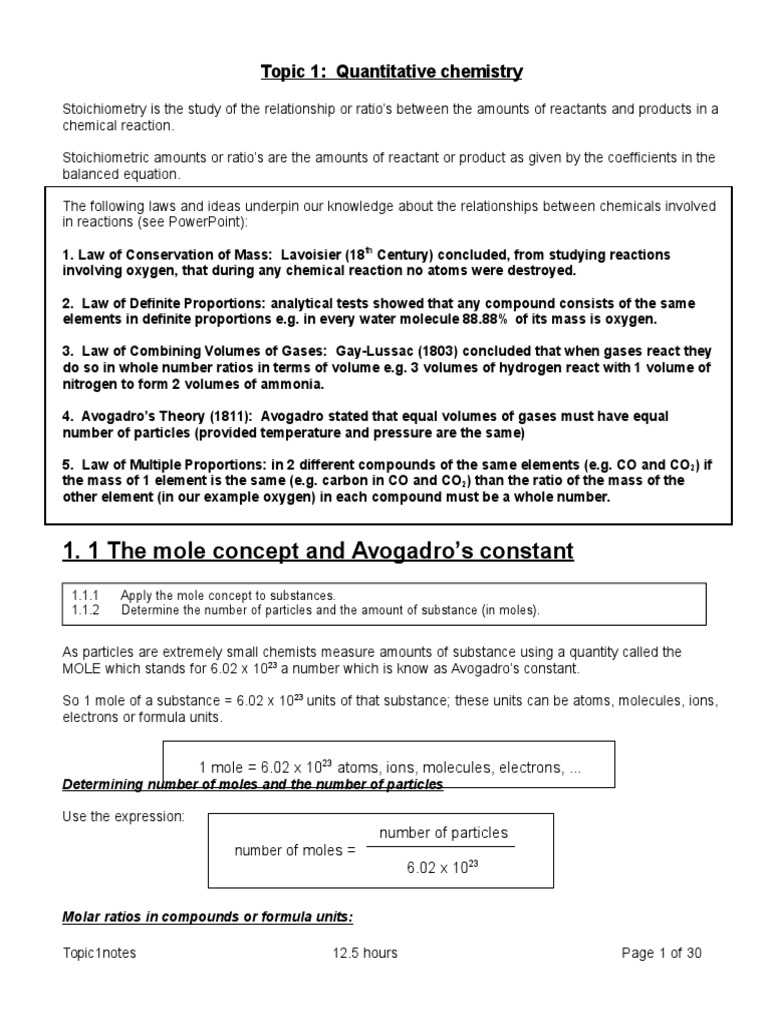 Topic 1 Quantitative Chemistry | PDF | Mole (Unit) | Gases