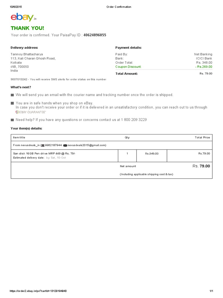 eBay Order Confirmation for Pen Drive | PDF