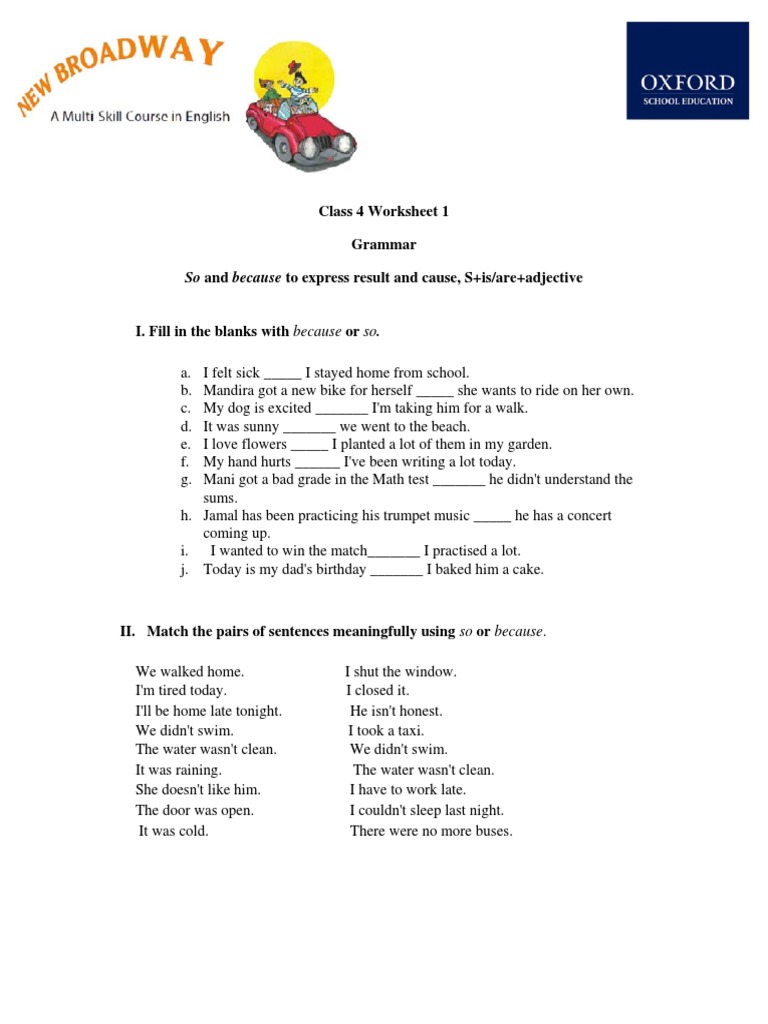 Class 4 Worksheet 1 Grammar: So and Because To Express Result and Cause ...