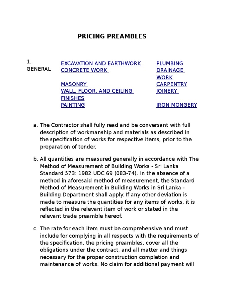 Pricing Preambles | PDF | Plumbing | Concrete