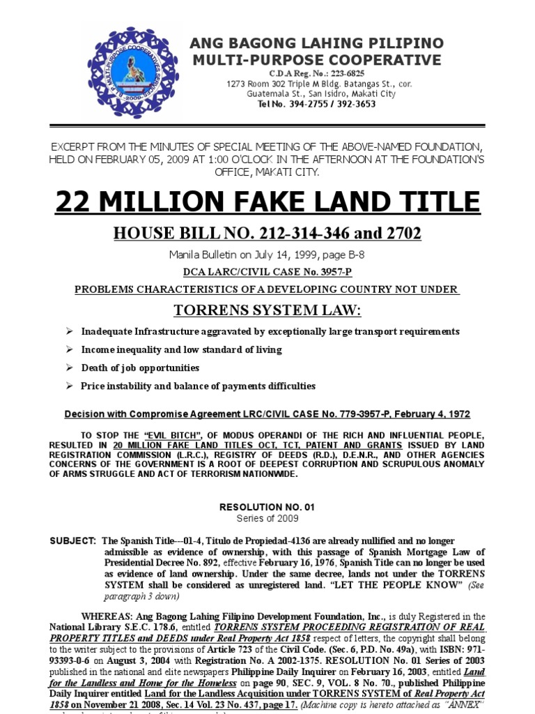 House Bill No. 212-314-346 and 2702 (22 Million Fake Land Title) | PDF ...