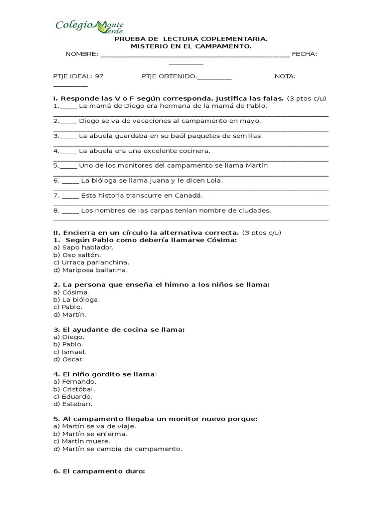 Prueba de Lectura: Misterio en el Campamento | PDF