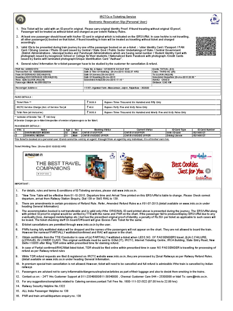 Electronic Reservation Slip for Domestic Travel within India Providing ...