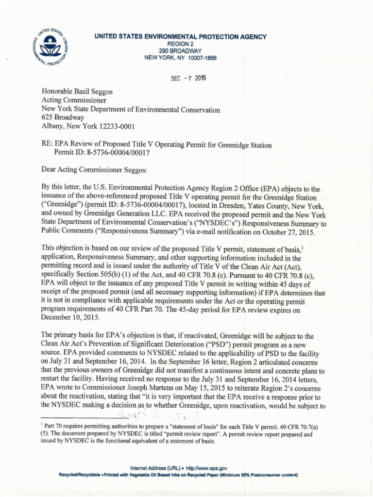 EPA Greenidge Objection Lettter To Acting Commissioner Basil Seggos ...