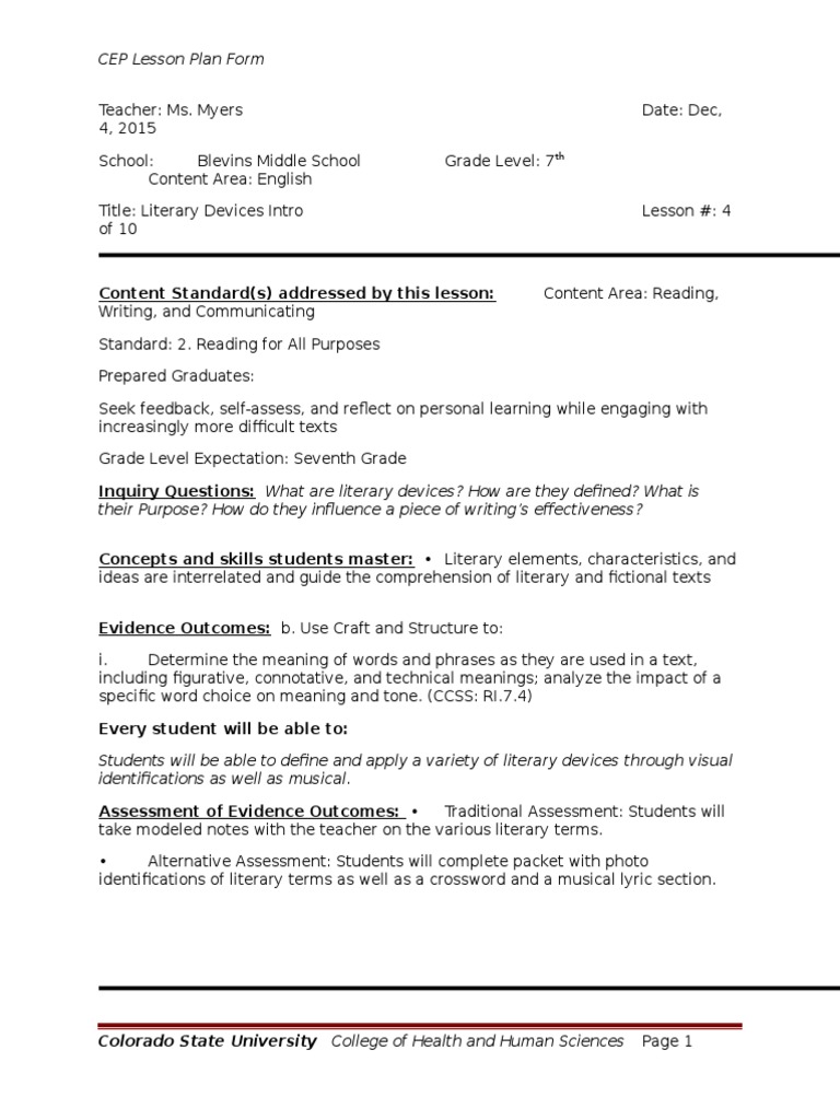 CEP Lesson Plan Form: Colorado State University College of Health and ...