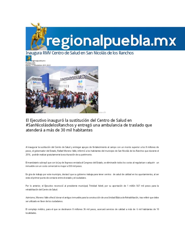17-11 - 2015 Regionalpuebla - Inaugura RMV Centro de Salud en San Nicolás de Los Ranchos | PDF