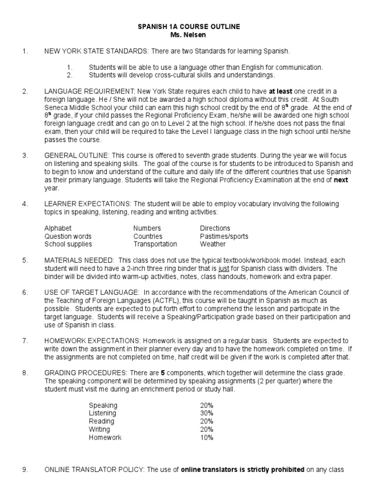 Spanish 1A Course for 7th Graders | PDF | Homework | Secondary School