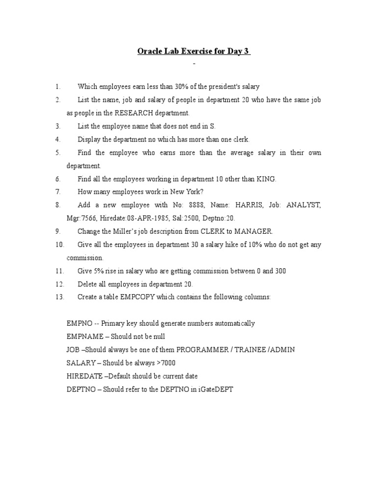 Oracle Lab Exercise For Day 3 Creating Views Indexes And Performing Queries On Employee Data