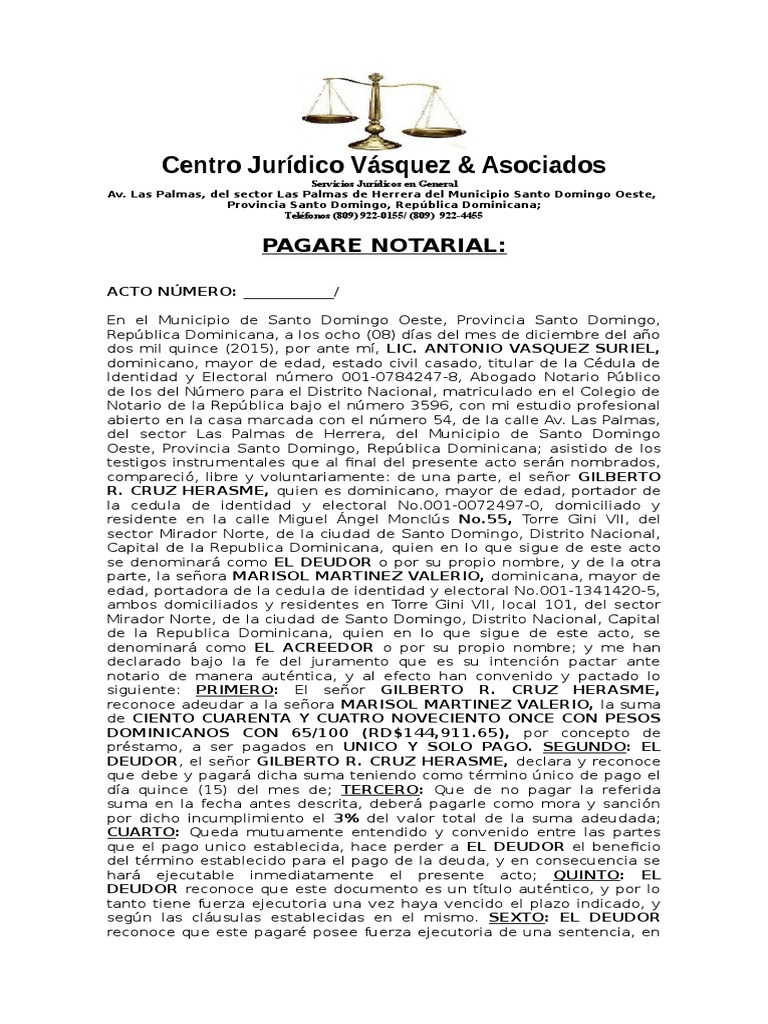 Pagare Notarial Marisol Valerio | PDF | Pagos | República Dominicana