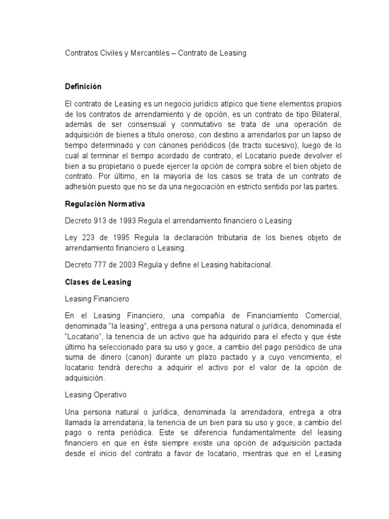 Contrato de Leasing: Definición y Clases | PDF | Arrendamiento | Economias