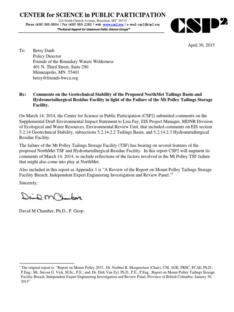 CSP2 Comments On NorthMet TSFs in Light of MT Polley TSF Failure ...