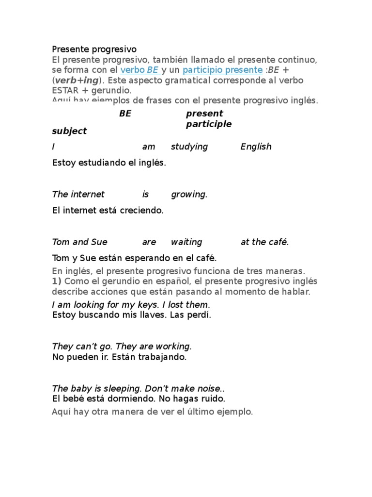 Presente Progresivo | PDF | Reglas | Sintaxis