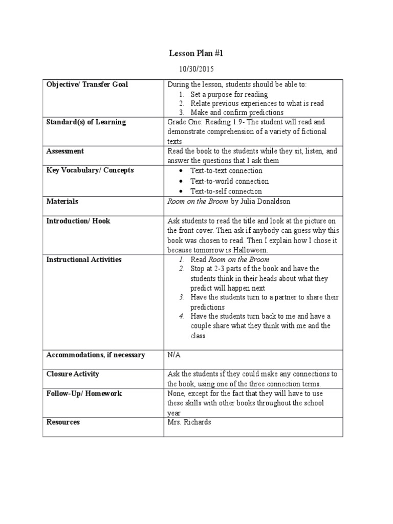 Grade 1 Reading Lesson Plan: Predictions | PDF