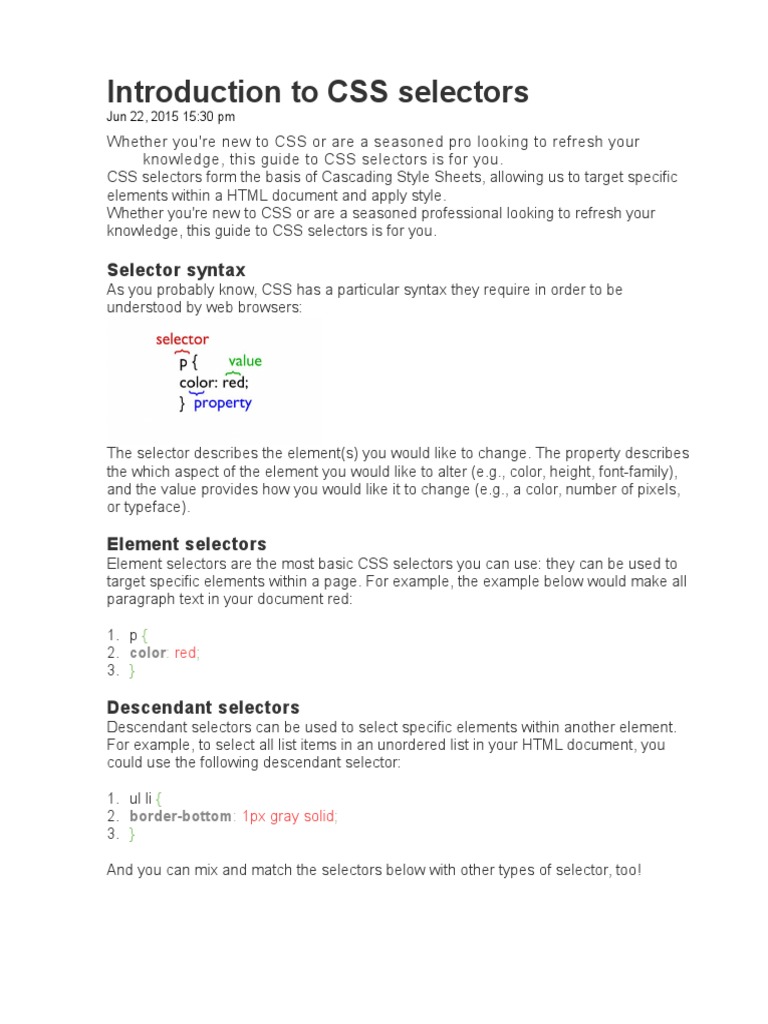 Introduction To CSS Selectors | Download Free PDF | Cascading Style Sheets | Html Element
