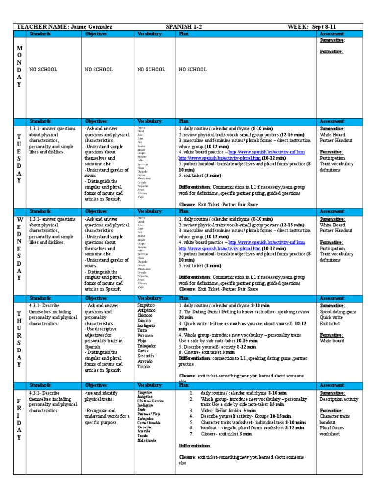 Weekly Lesson Plans Spanish 1-2 | PDF | Grammatical Gender ...