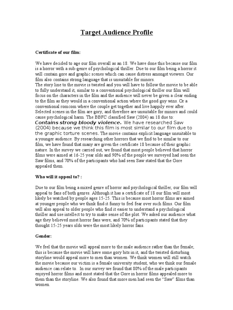Target Audience Profile | PDF | Horror Films | Thriller (Genre)