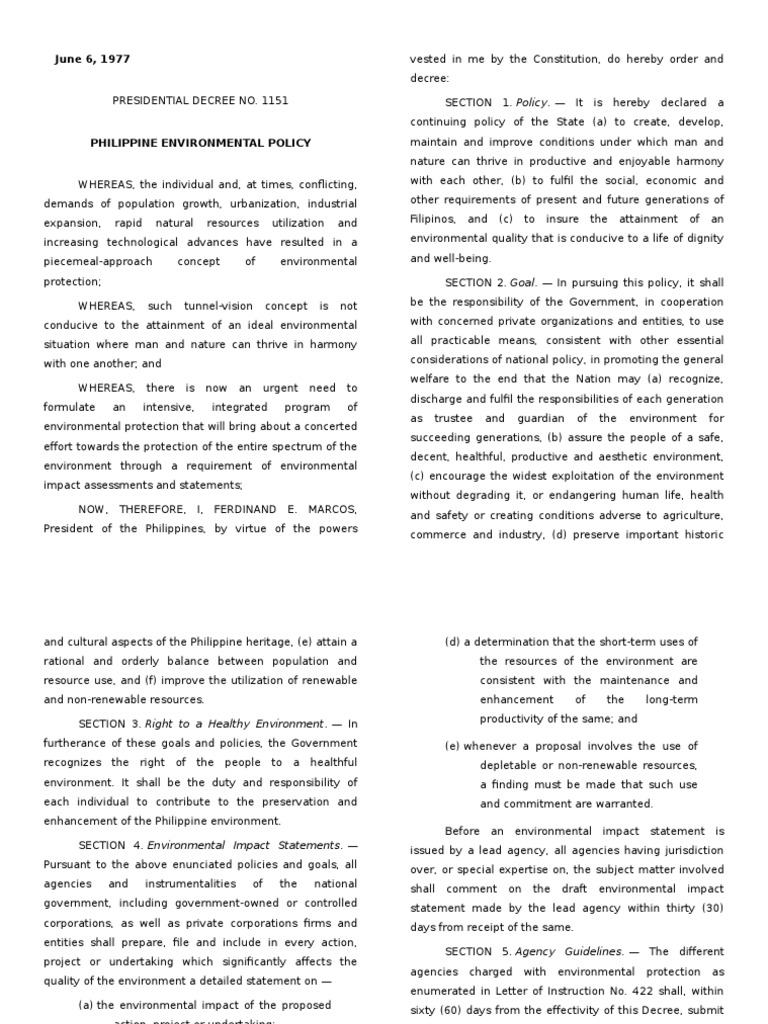 PD 1151, Philippine Environmental Policy | PDF | Environmental Impact ...