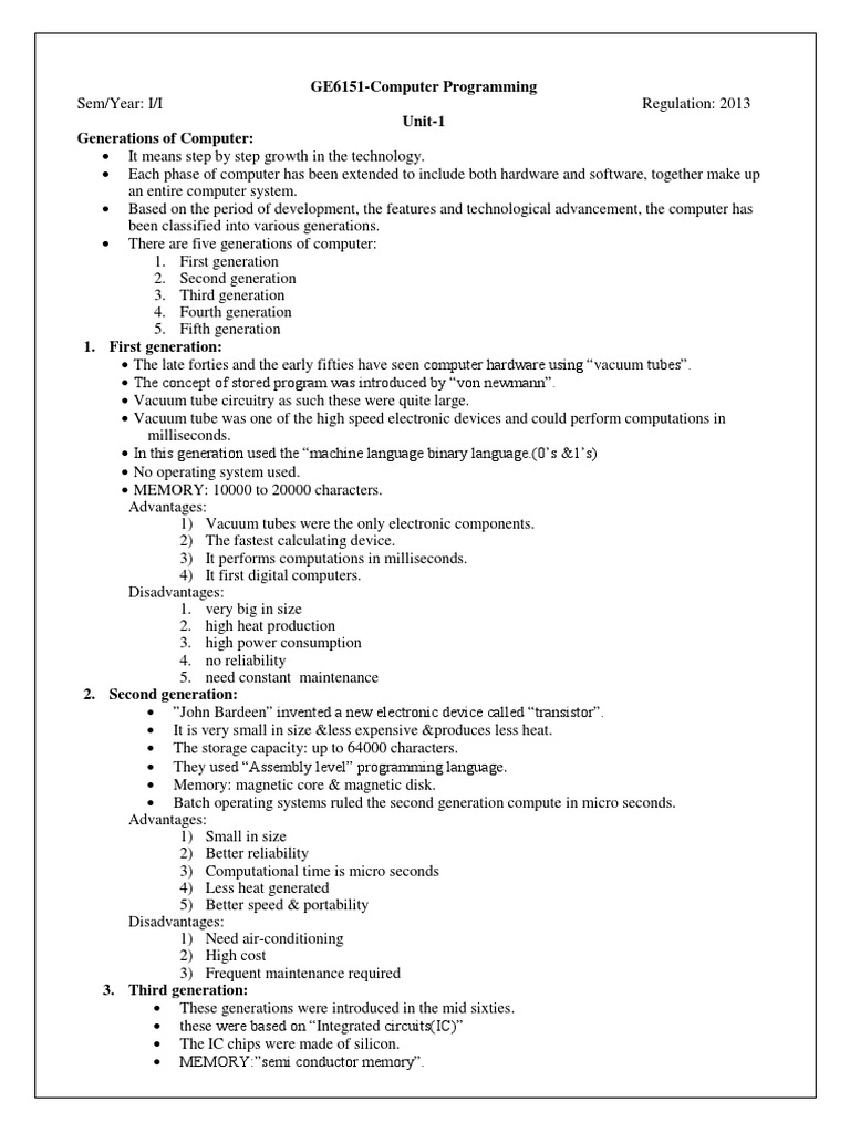 GE6151-Computer Programming Unit-1 Generations of Computer | Download ...