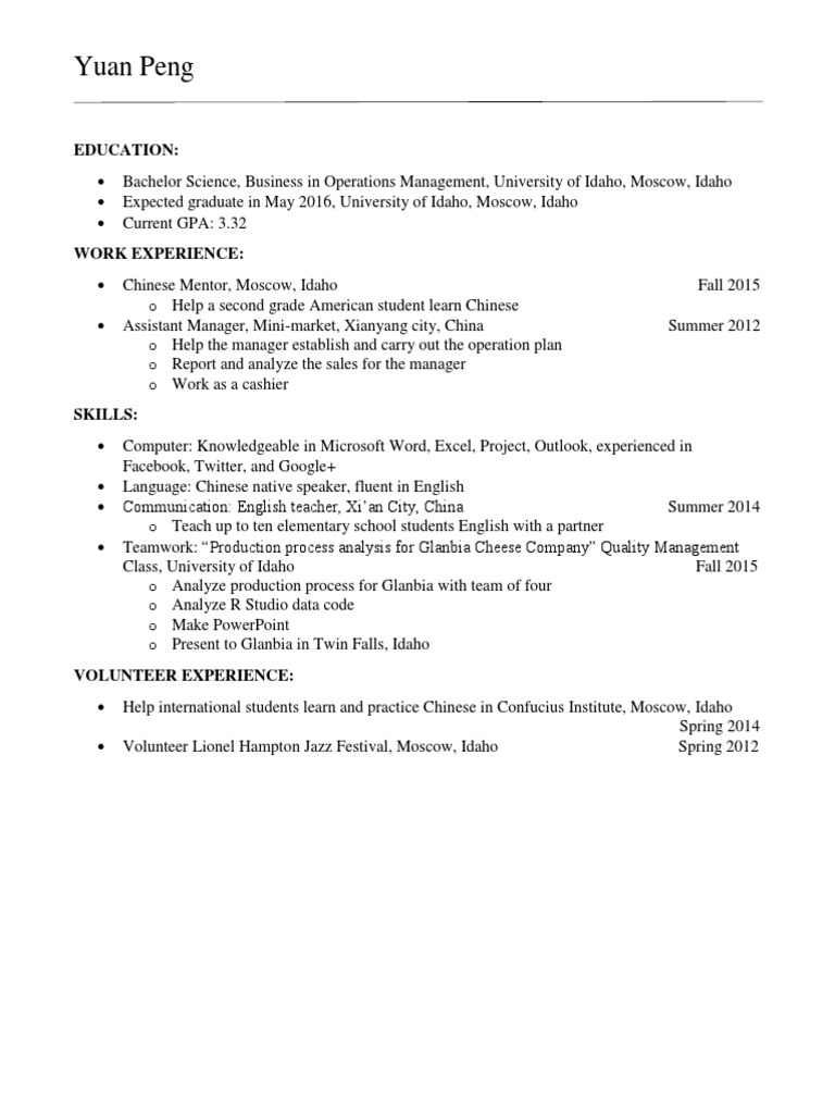 Yuan Peng: Operations Management Resume | PDF | Art