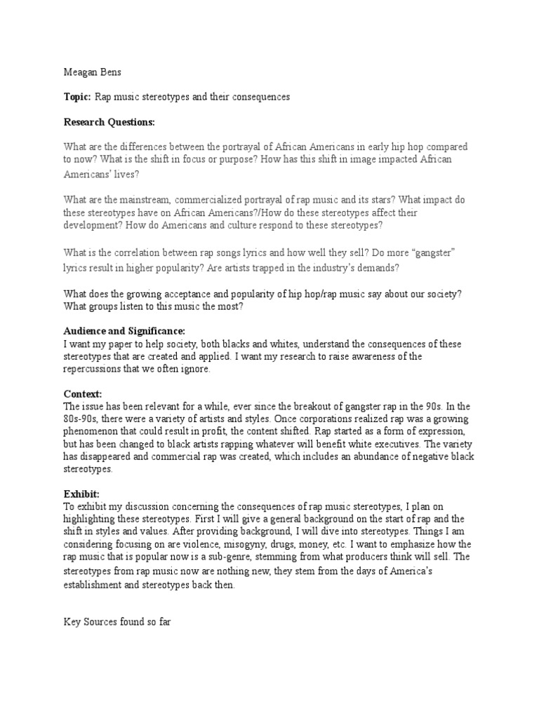 Topic: Rap Music Stereotypes and Their Consequences Research Questions ...