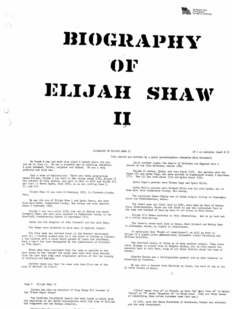 Biography of Elijah Shaw II by Jeanette Shaw Greenwell | PDF