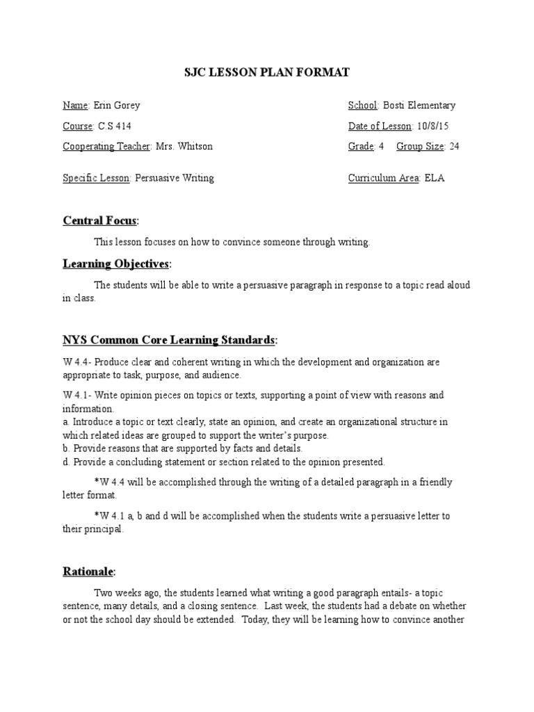Erin Gorey - 4th Grade Ela Lesson Plan | PDF | Persuasion | Lesson Plan