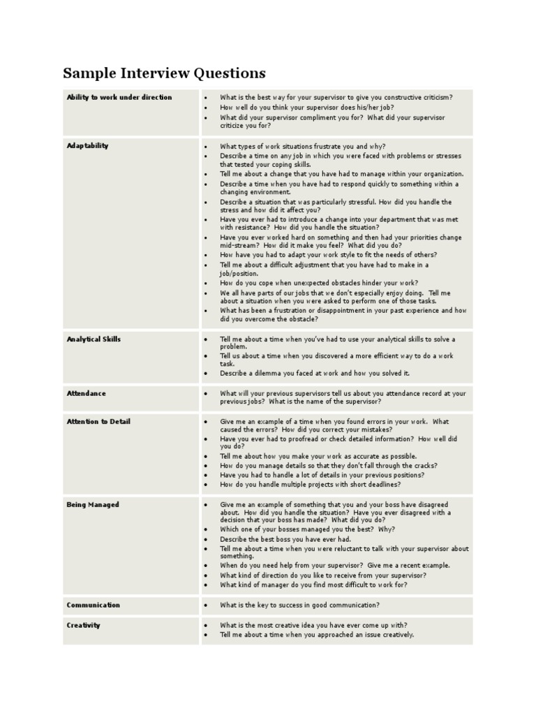 Sample Interview Questions: Ability To Work Under Direction | PDF ...