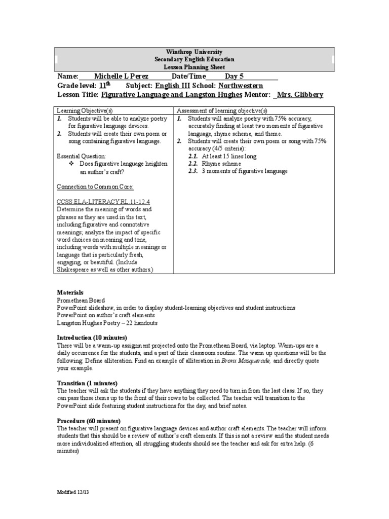 Langston Hughes: Figurative Language Lesson | PDF | Poetry | Lesson Plan