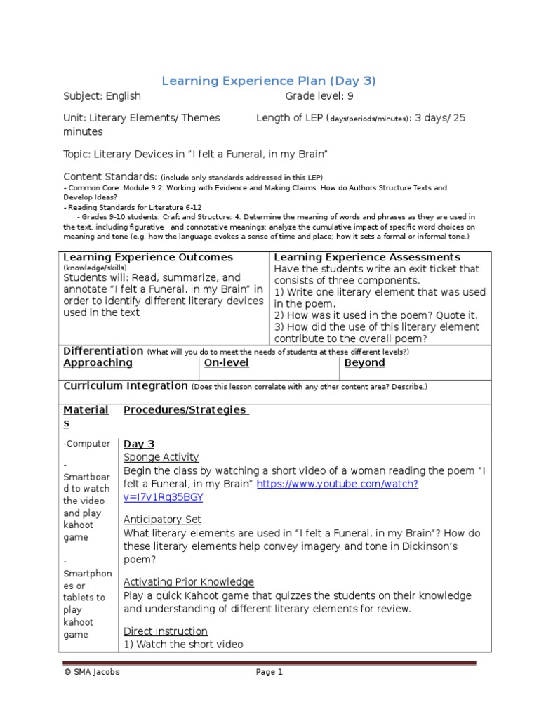 Learning Experience Template Day 3 | PDF | Poetry | Education Theory