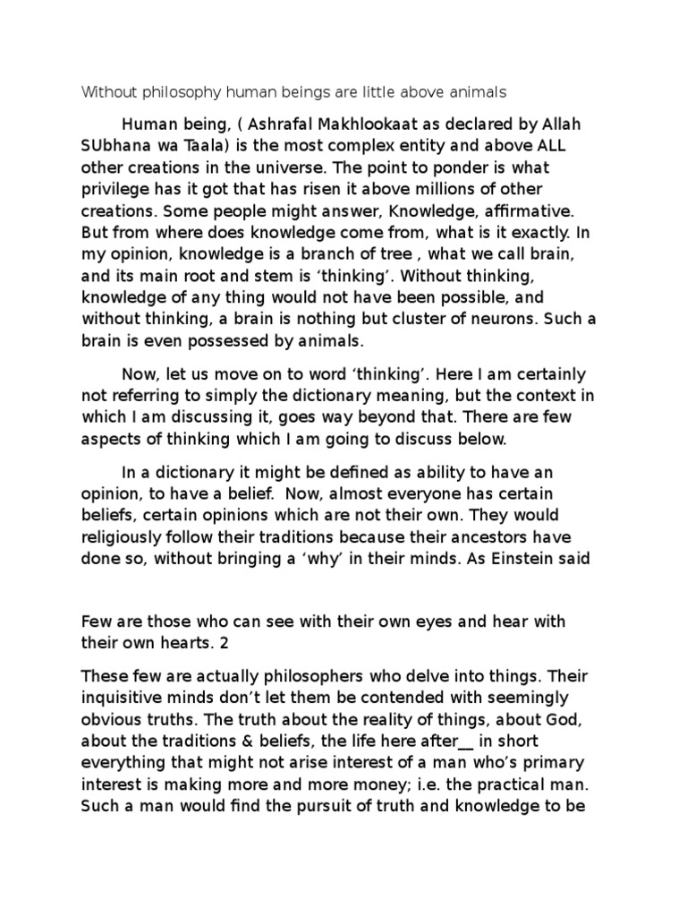 Without Philosophy Human Beings Are Little Above Animals | PDF | Truth ...