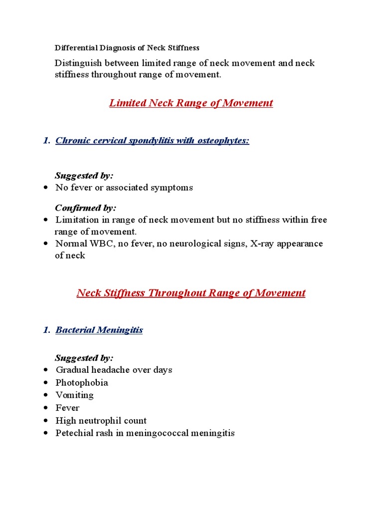 Differential Diagnosis of Neck Stiffness | PDF | Wellness