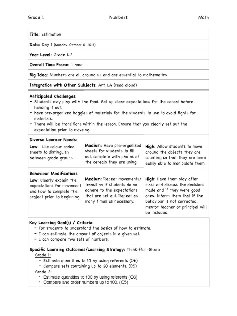 Grade 1 Math: Estimation Lesson Plan | PDF | Educational Assessment ...
