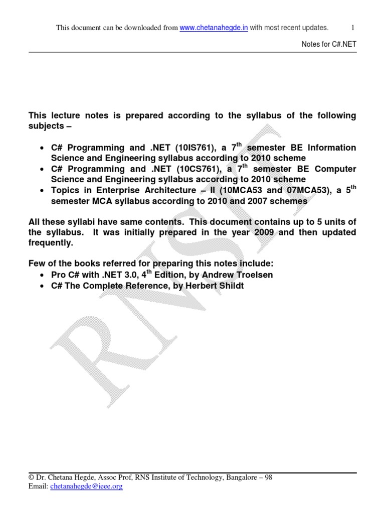 C Notes Pdf C Sharp Programming Language Class Computer 1847