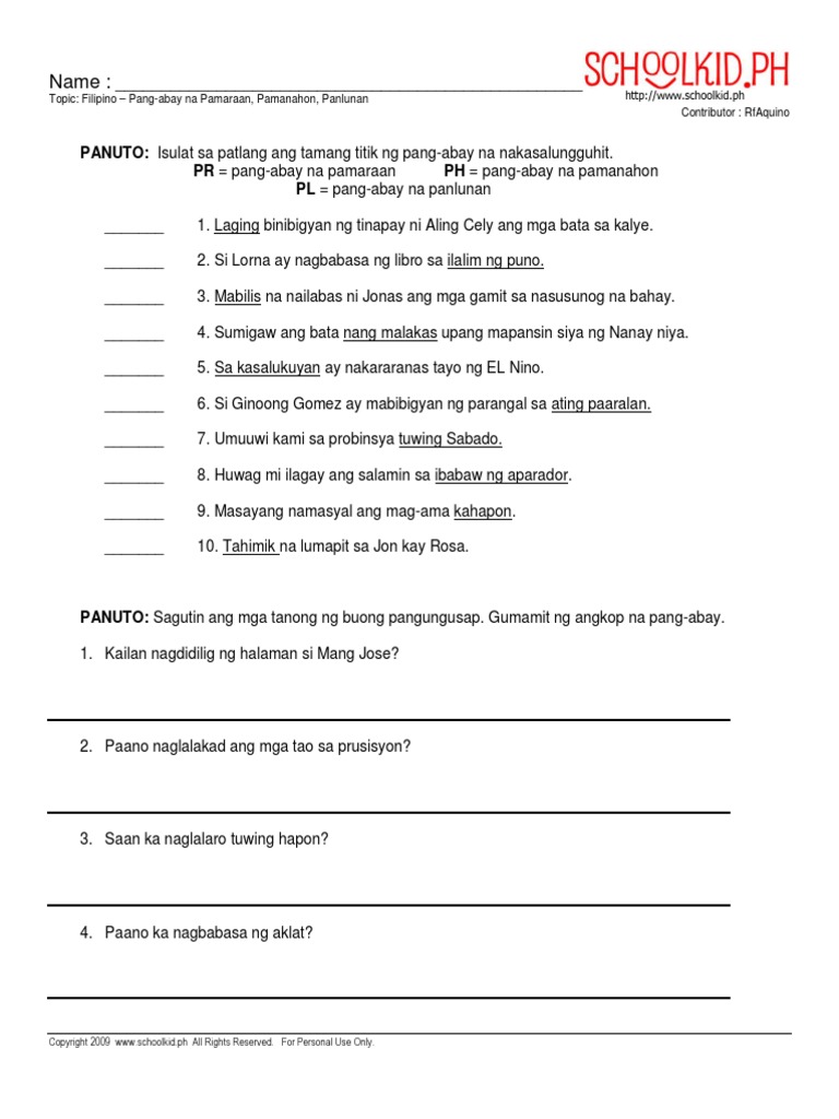 Pang-Abay Worksheet | PDF