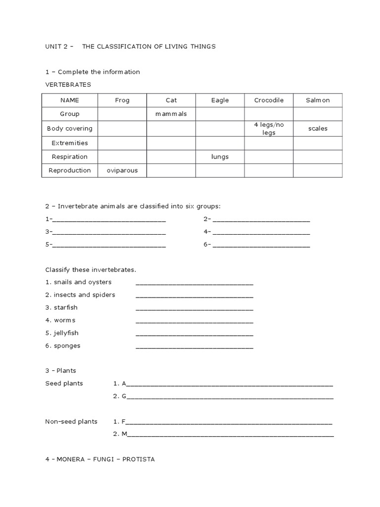 Classification Of Living Things Worksheet