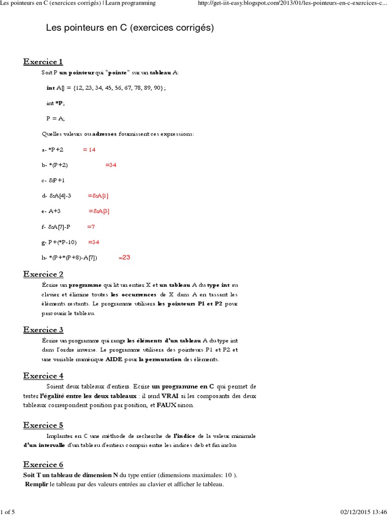 Exercices corrigés sur les pointeurs en C | PDF | Pointeur (programmation) | Programmation ...