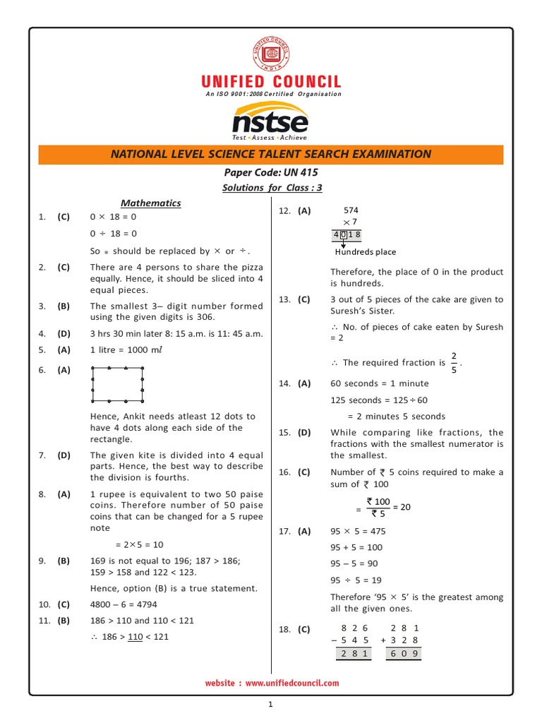 NSTSE Class 3 Solution | PDF | Fraction (Mathematics) | Seed